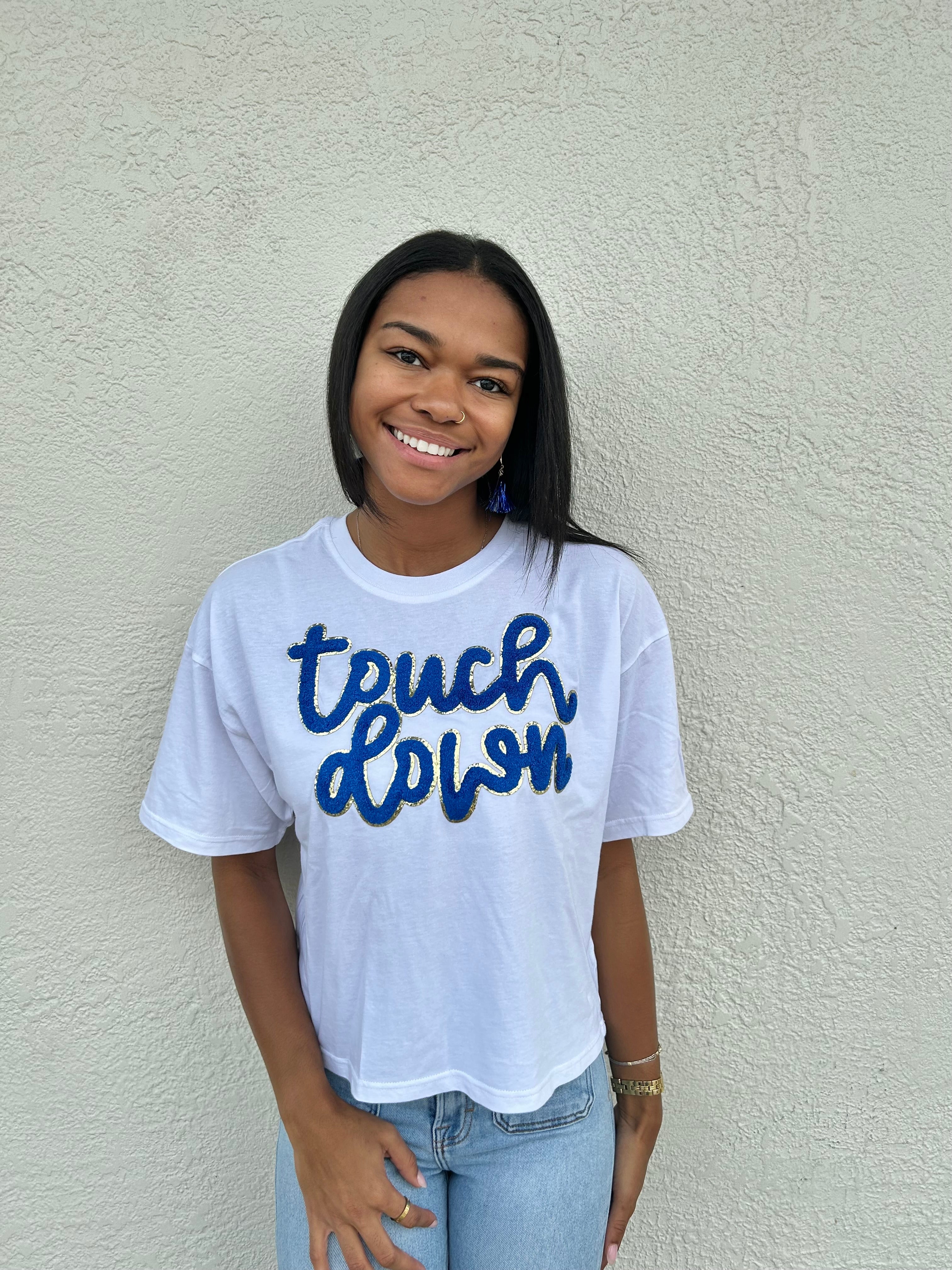 Blue & White Touchdown Chenille Patch Tee – Holly's Hobbies